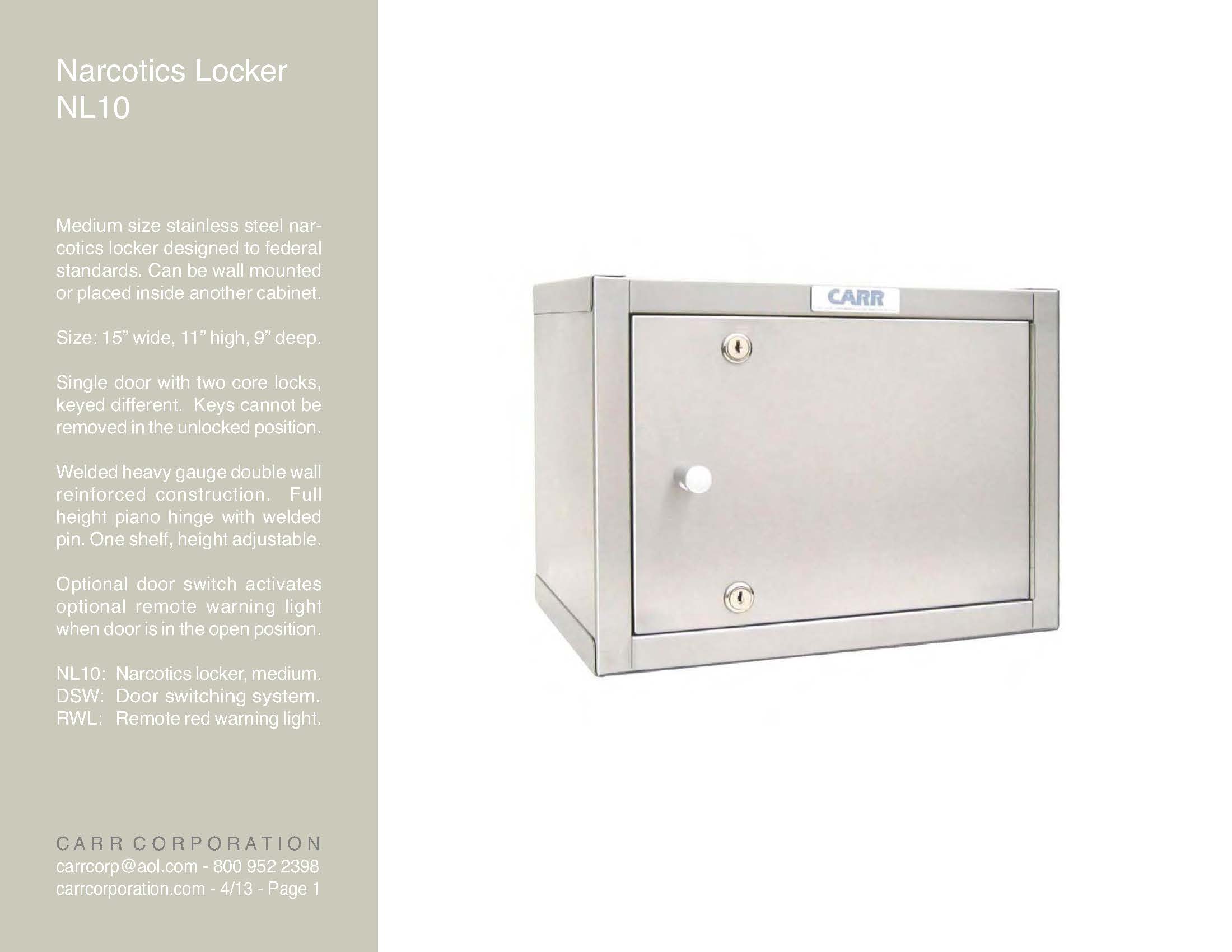 NSL: NARCOTICS SECURITY LOCKER – Carr Corporation: Medical, X-ray ...